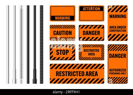 Warning, danger signs, attention banners with metal poles. Blank yellow ...
