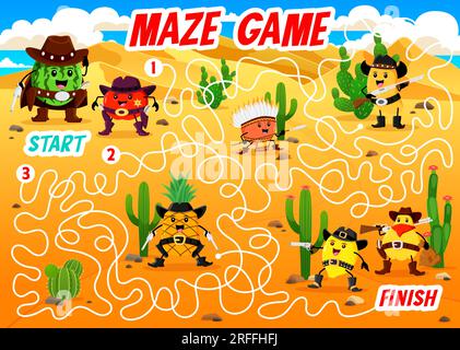 Wild west labyrinth maze quiz. Cartoon cowboy, bandit and ranger nut ...