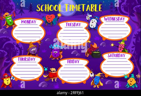 Kid school timetable with witch cauldron and magic potions. Children ...