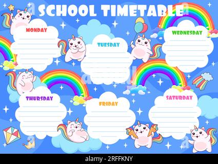 Timetable with cute cartoon sweet unicorn and rainbow. Girlish weekly ...