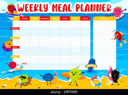 Weekly meal planner. Cartoon berry pirates and corsairs on island. Meal ...