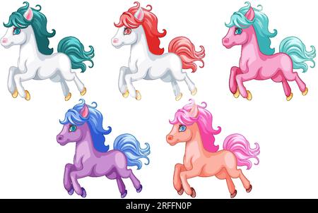 A cheerful illustration of a group of unicorns in cartoon style Stock ...