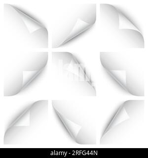 Set of white paper curls. Curled page corner with shadow. Blank sheet ...
