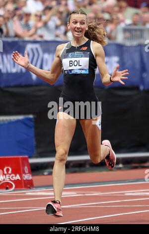 Winner Netherlands' Femke Bol celebrates at the finish of the 4x400m ...