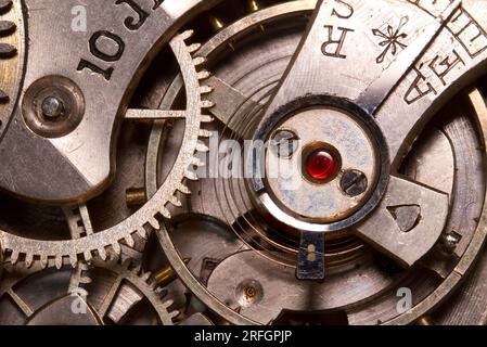 Macro image of the internal working of a pocket watch showing the ...