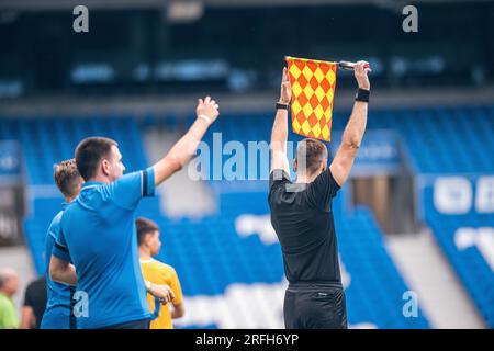 Lineman in action in a soccer match Stock Photo - Alamy