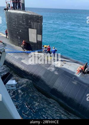 July 28, 2023 - Ocho Rios, Jamaica - Sailors moor the Los Angeles-class ...