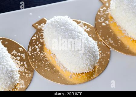 a cake with creamy coconut filling, topped with coconut chips, a cake ...