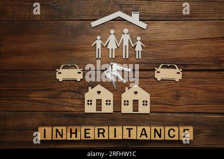 Word Inheritance made with cubes, cutouts of car and house on wooden ...