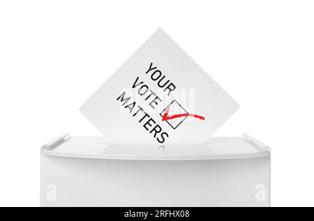 Paper with text My Vote and tick sticking out of ballot box on white ...