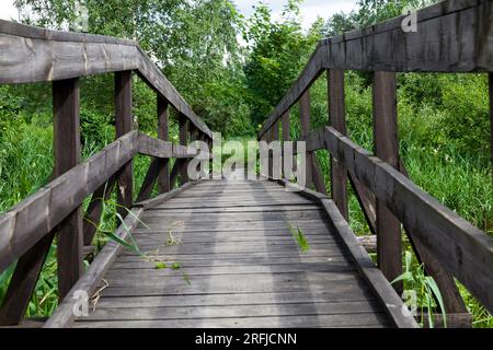a bridge between small islands on the lake, old wooden bridge built on ...