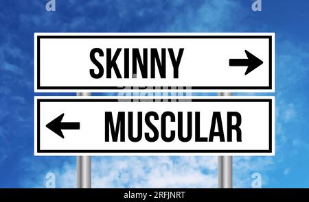 Skinny or muscular road sign on sky background Stock Photo - Alamy