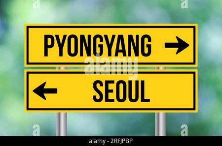 Seoul road sign on blur background Stock Photo - Alamy