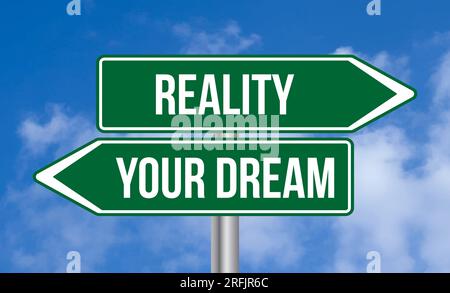 Reality or your dream road sign on sky background Stock Photo - Alamy