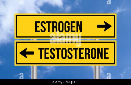 Estrogen or testosterone road sign on cloudy sky background Stock Photo ...