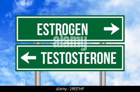 Estrogen or testosterone road sign on cloudy sky background Stock Photo ...