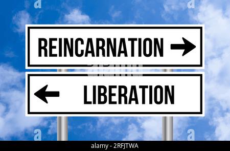Reincarnation or liberation road sign on blue sky background Stock ...