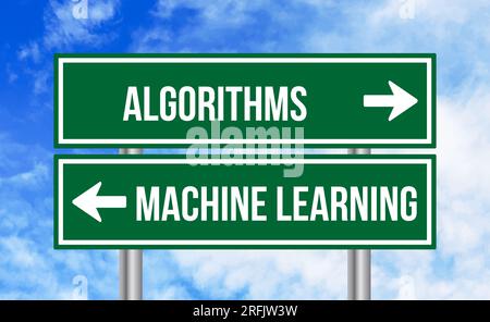Algorithms or machine learning road sign on cloudy sky background Stock ...