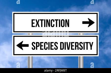 Extinction or species diversity road sign on blue sky background Stock ...