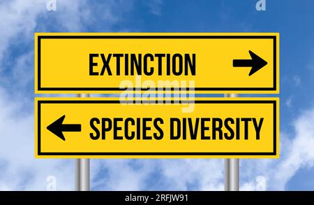 Extinction or species diversity road sign on blue sky background Stock ...