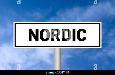Nordic road sign on cloudy sky background Stock Photo - Alamy