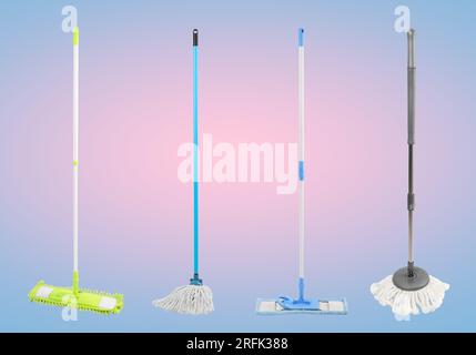 Set of flat mops on violet background Stock Photo - Alamy