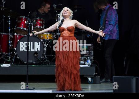 Terri Nunn, of the band Berlin, performs at Ravinia on Friday, Aug. 26 ...