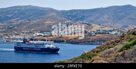 General view of Gavrio bay, Andros island, Greece, Southern Europe ...