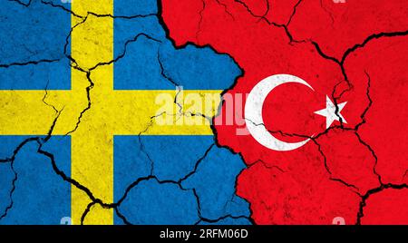 Flags of Turkey and Sweden on cracked surface - politics, relationship ...