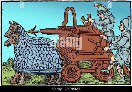 A four-wheeled ballista (carroballista) drawn by armored horses, from ...