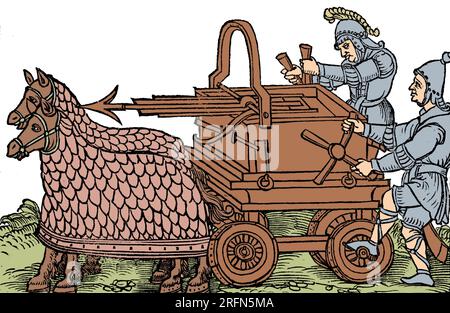 A four-wheeled ballista (carroballista) drawn by armored horses, from ...