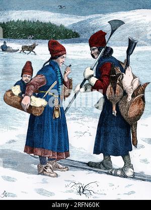 A Swedish Sami woman holding her child and smoking a pipe, and a man on ...