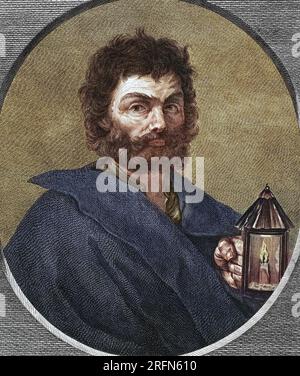 Ancient Greek cynic philosopher Diogenes, holding a lantern. Engraving ...