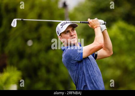 Justin Thomas reacts to his tee shot on the fifth hole during the final ...