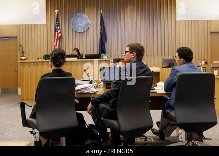 Portland, USA. 04th Aug, 2023. Defense Attorney Michelle Burrows argues ...