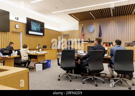 Portland, USA. 04th Aug, 2023. Defense Attorney Michelle Burrows argues ...