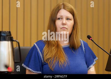 Portland, USA. 04th Aug, 2023. Defense Attorney Michelle Burrows argues ...