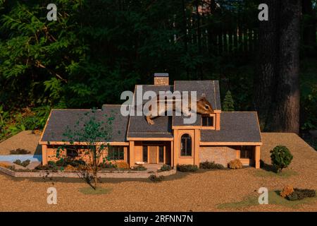 Eastern chipmunk climbing on and around a model of a house Stock Photo ...