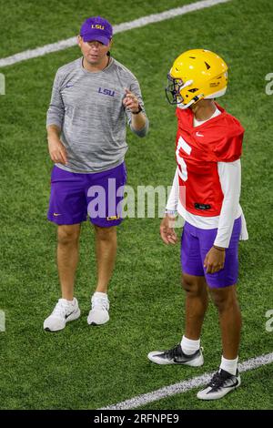 August 4, 2023: LSU quarterback coach Joe Sloan explains a drill during ...