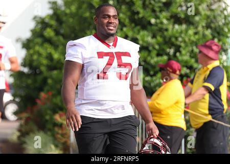 Washington Commanders guard Chris Paul (75) leaves the field after an ...