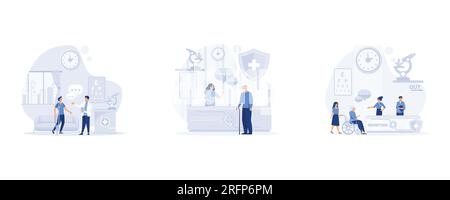 Modern clinic reception flat vector illustration. Smiling doctor, woman ...