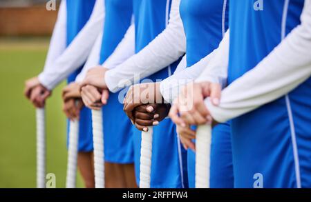 Hockey, together hands and women teamwork, support or motivation for ...