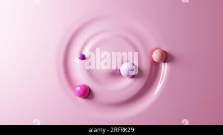 Four balls roll in a circle on a soft surface. Top view of spheres in ...