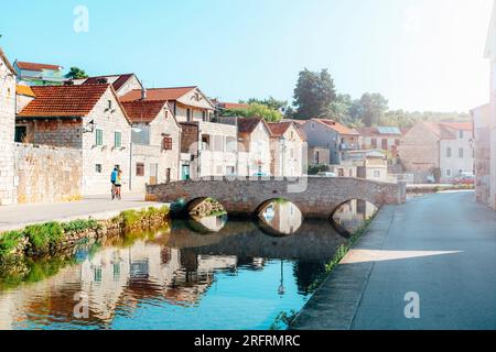 Bridge over channel in Vrboska, north coast of the island of Hvar in ...