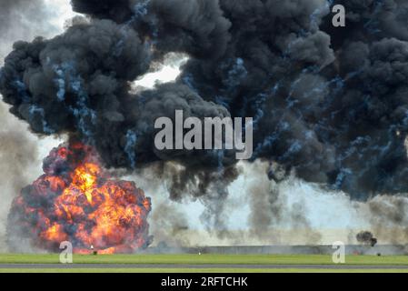 Huge fire eruption, pyrotechnics explosion. Flames. Hot fire and thick ...