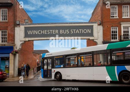 Bus, coach, entering a Traditional bus station in the Hampshire city of ...