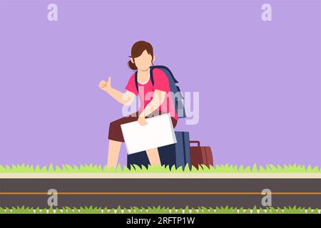Cartoon flat style drawing hitchhiking man with luggage and thumbs up ...