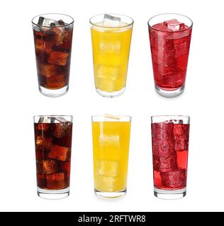 Collage of tasty refreshing soda drinks with ice cubes on white ...