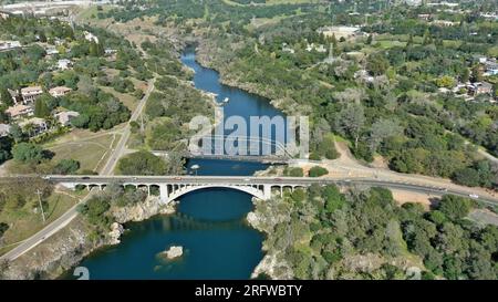 American River In Folsom Panorama With Bridges, Prison and Dam in ...
