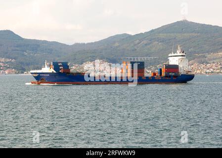 'Enforcer' container ship in Ria de Vigo estuary, Rande bridge, Vigo ...